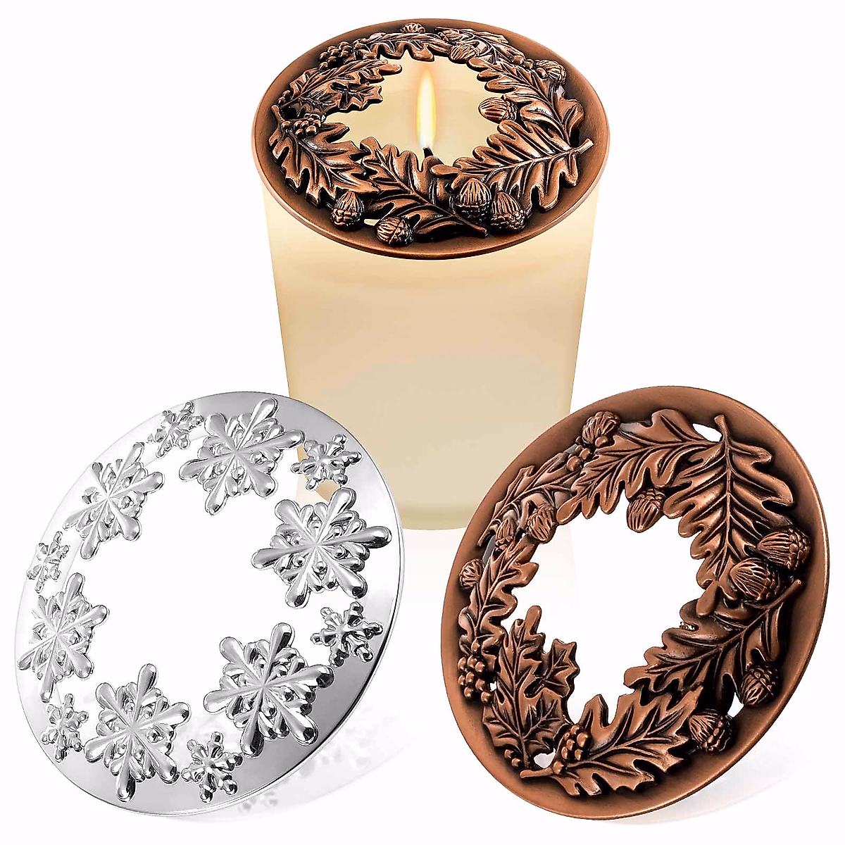 Moxweyeni 2 Pieces Candle Toppers to Burn Evenly Scented Jar Candles Cover 2.85 Inch Leaf Pine Candle Topper Lids Jar Candle Accessories Sleeves Gifts for Christmas Candles Party Favor(Chic Style)