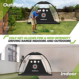 Golfguru Golf Net, 10x7ft All in 1 Golf Practice Net with XL Tri-Turf Golf Mat, Impact Target, 10 Golf Balls, 7 Golf Tees, 2 Rubber Golf Tees, Carry Bag, Golf Net for Backyard Driving Chipping Indoor