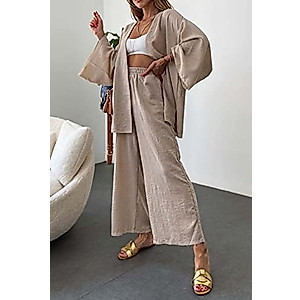 Asskdan Womens 2 Piece Outfits Lounge Sets Linen High Waisted Pants Oversized Cardigan (x_l, Apricot)
