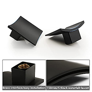 SKOWLL Bathroom Faucet 3 Hole Waterfall Sink Faucet Deck Mount Widespread LED Vanity Faucet with 2 Knobs Handle, Matte Black Finished