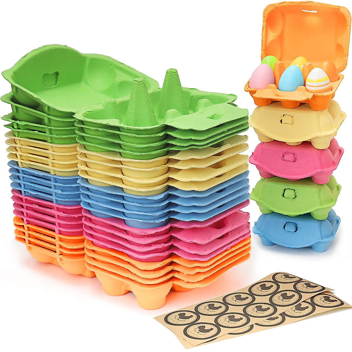 6 Count Egg Cartons for Chicken Eggs 20 Pack with Labels, Natural Pulp Paper Eggs Cartons Holds Bulk Blank Colorful Reusable Cardboard Pulp Egg Tray Half Dozen Egg Storing Cartons for Family Gifts