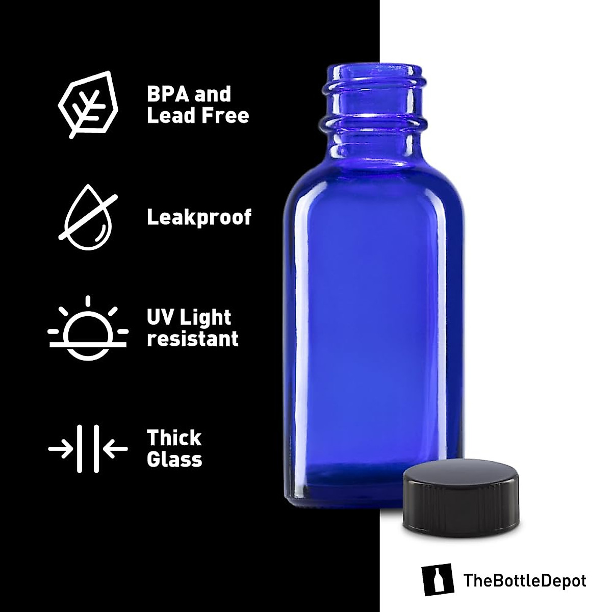 The Bottle Depot - 24 Pack - 1 oz Glass Bottle With Cap - Blue - 20-400 Neck Finish - Boston Round Bottles - UV Rays Protection