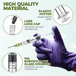 TFE 10 Pack Borosilicate Glass Luer Lock Syringe 1ml Capacity Reusable Glass Syringes - Use for Arts and Crafts, Thick Liquids, Oils, Vet, Glue, Lab, Ink with 14GA Blunt Tip Pet Safe Needles