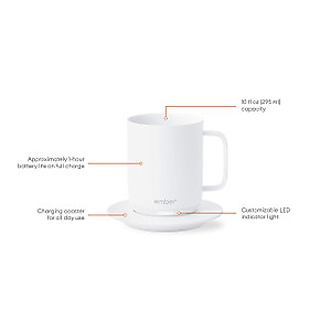 Ember Temperature Control Smart Mug, 10 Ounce, 1-hr Battery Life, White - App Controlled Heated Coffee Mug