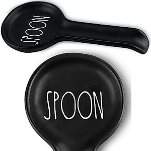 [Set of 2] Farmhouse Spoon Rests for Kitchen Counter by Brighter Barns - Black White Ceramic Spoon Rest for Stove Top - Stove Spoon Holder for Countertop - Coffee Spoon Rest - Farmhouse Kitchen Decor