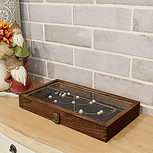 MOOCA Wooden Jewelry display case with Tempered Glass Top Lid, Brown Color