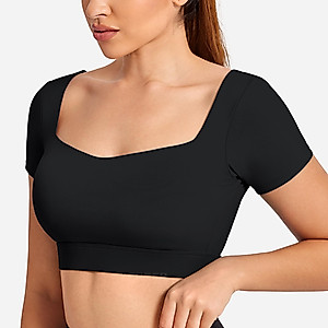 YEOREO Women Open Back Tee Crop Tops with Removable Pad Workout Backless Gym Shirt Bra Going Out T Shirt Top