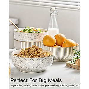getstar Large Serving Bowls (8 inch & 60 fl oz), Ceramic Salad Bowl Set of 2, Microwave and Dishwasher Safe, Farmhouse Kitchen Decorative Bowls Set (Embossed Checks & Stripes)