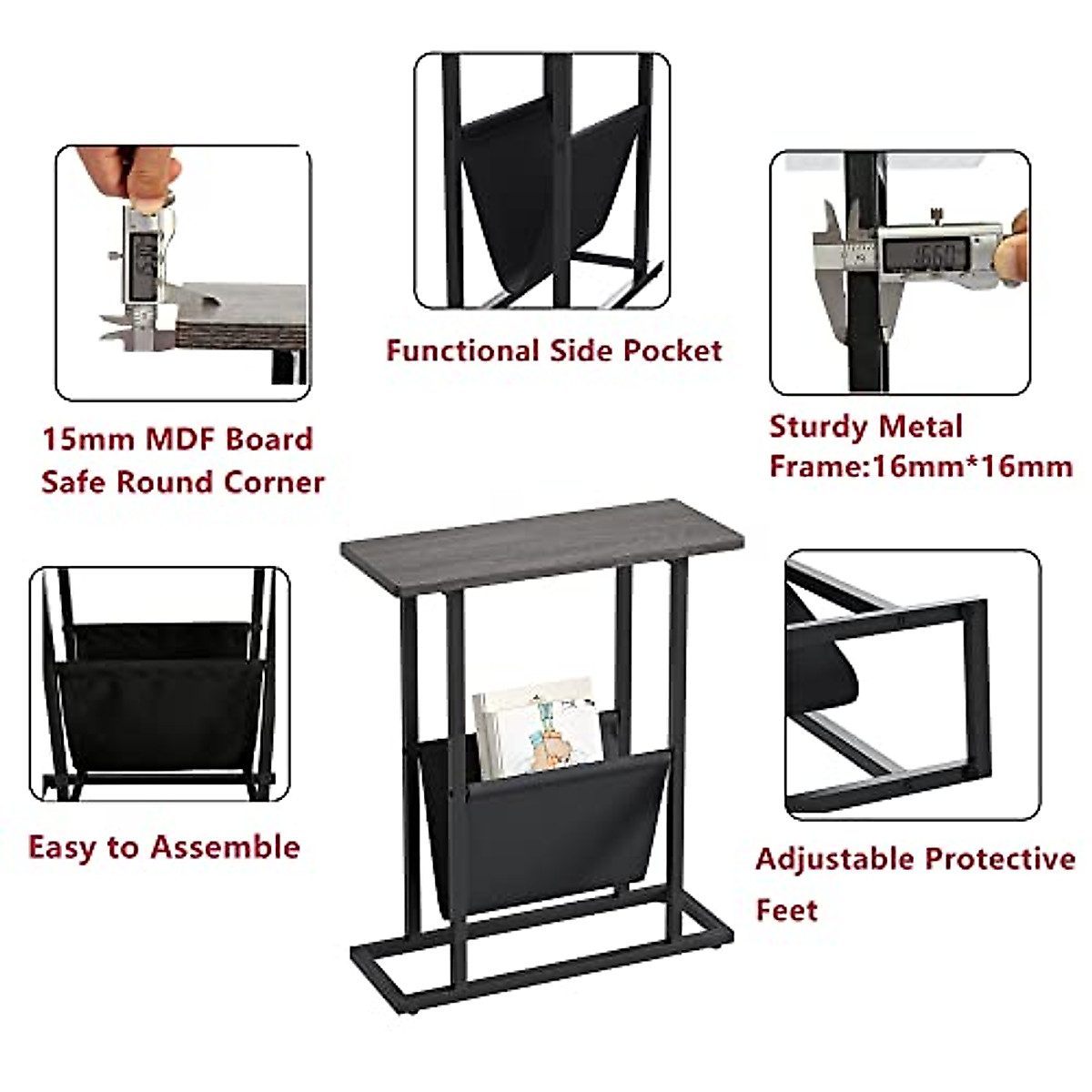 Yusong Small Narrow Side Table for Small Spaces, Slim End Table Magazine Table Nightstand with Storage Holder, Accent Skinny Snack Couch Bedside Table, Grey