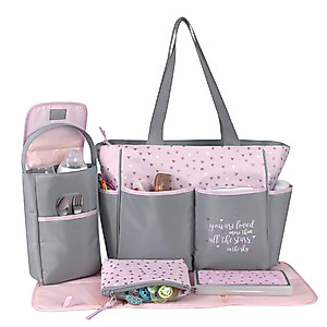 Baby Diaper Bag Tote 5 Piece Set with Pink Hearts, Saying, and Baby Portable Changing Pad, Diaper Bag, Travel Mat Station Gift Set