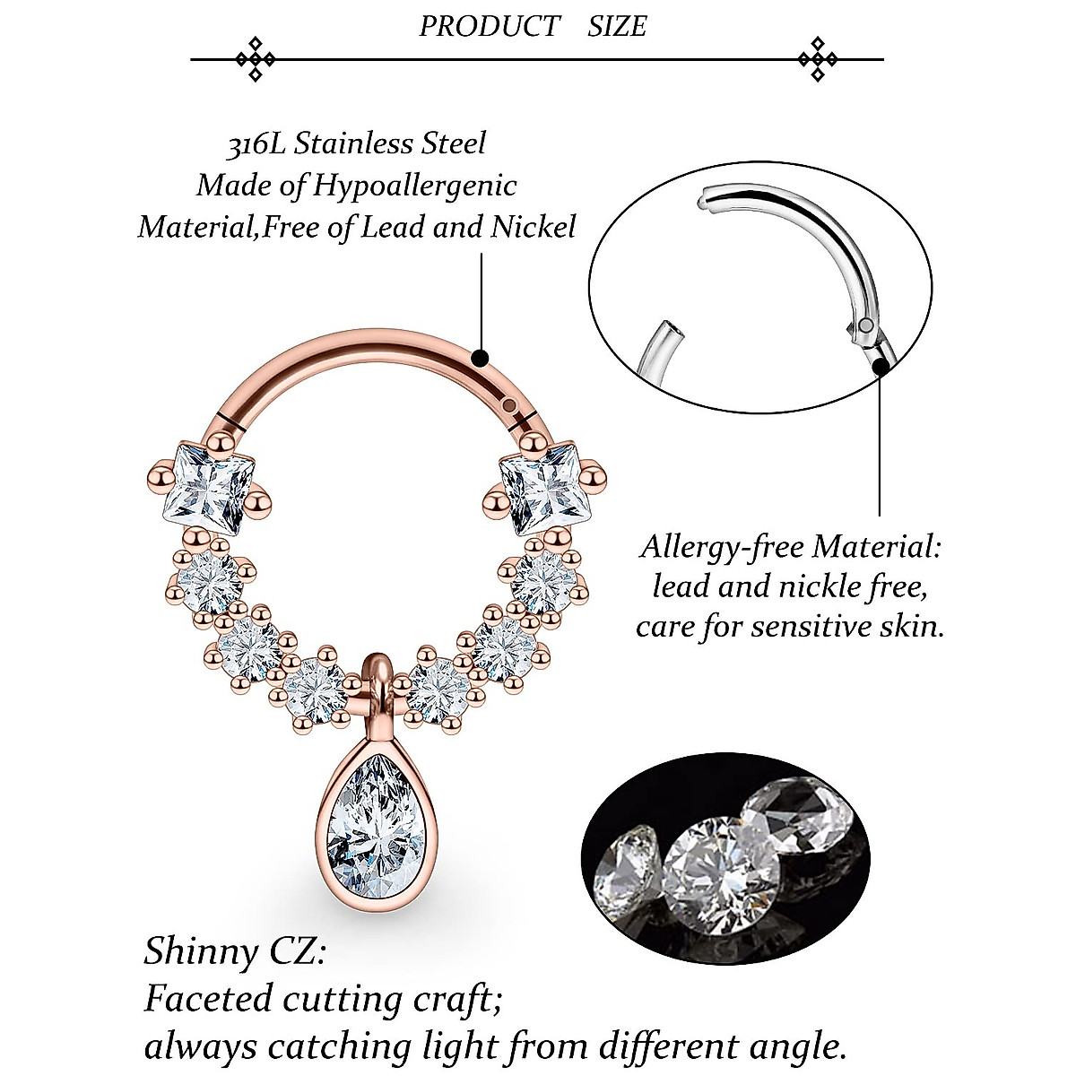 Vsnnsns 16G Septum Jewelry Septum Ring Piercing Jewelry Septum Clicker Ring and Horseshoe Barbell Stainless Steel Septum Nose Rings Hoop for Men Women Rose Gold 10mm 12pcs