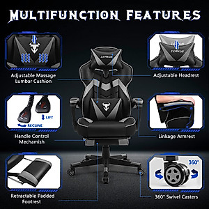 Zeanus Gaming Chairs for Adults Ergonomic Computer Chair with Footrest Gamer Chair with Massage Recliner PC Gaming Chair Home Office Desk Chair Big and Tall Racing Chair Lumbar Support Grey