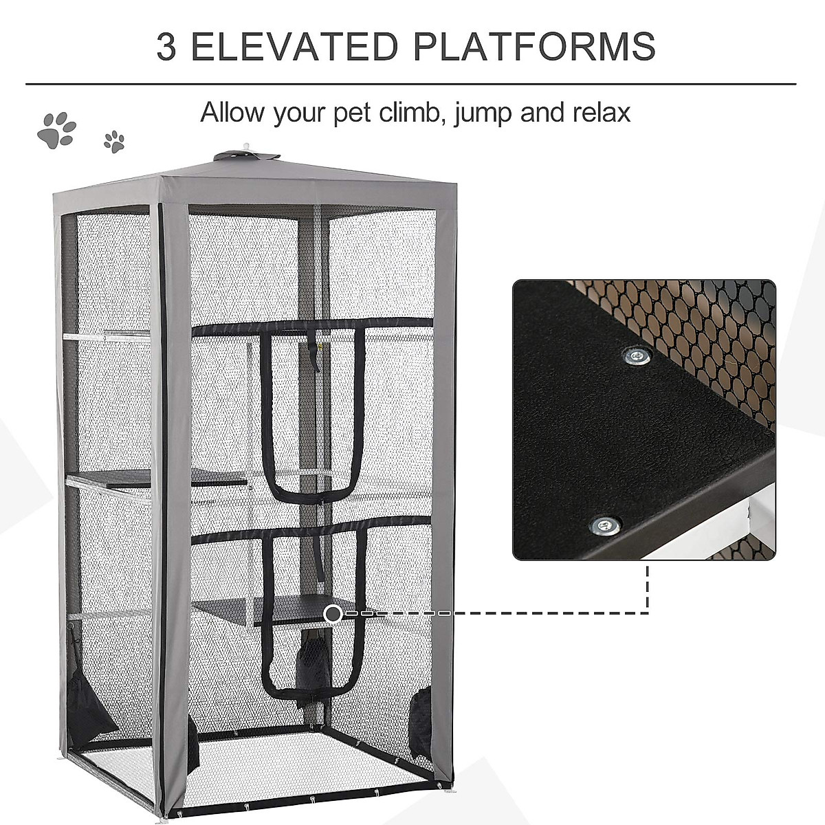 PawHut 79" H Cat House Kitten Enclosure Mesh Playpen Steel Frame with 3 Platforms, 2 Doors and 4 Sandbags for Stability, Indoor/Outdoor