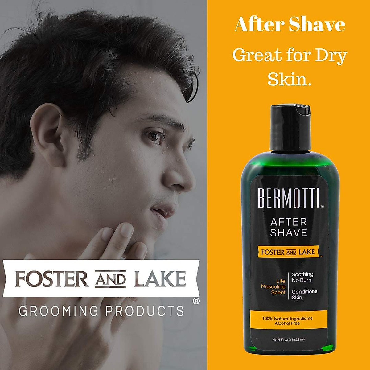 Foster and Lake - BERMOTTI After Shave, 2 Pack - 4 oz- No Burn & All Natural Soothing Skin Moisturizer