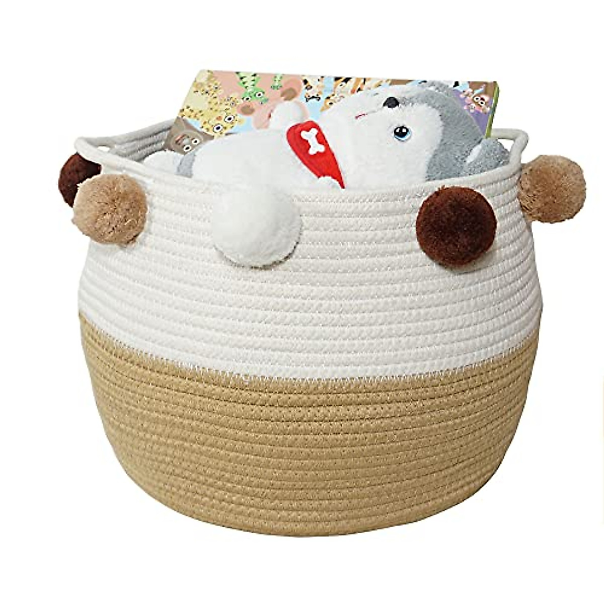 Cotton Rope Woven Round Baskets, Baby Shower Basket with Pom, Shelf Storage Basket, Baby Diaper Caddy Nursery Nappies Organizer, Blanket Laundry Basket Hamper Bin for Living Room