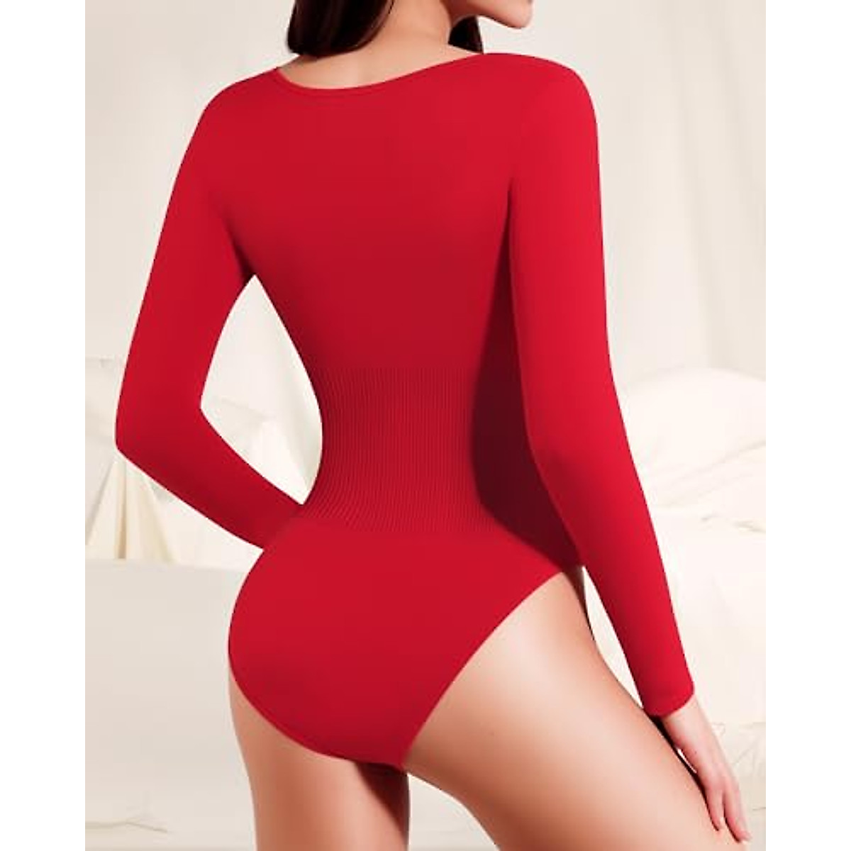 CLOZOZ Ribbed Long Sleeve Bodysuits for Women Shapewear Tummy Control Round Neck Red Body Suits