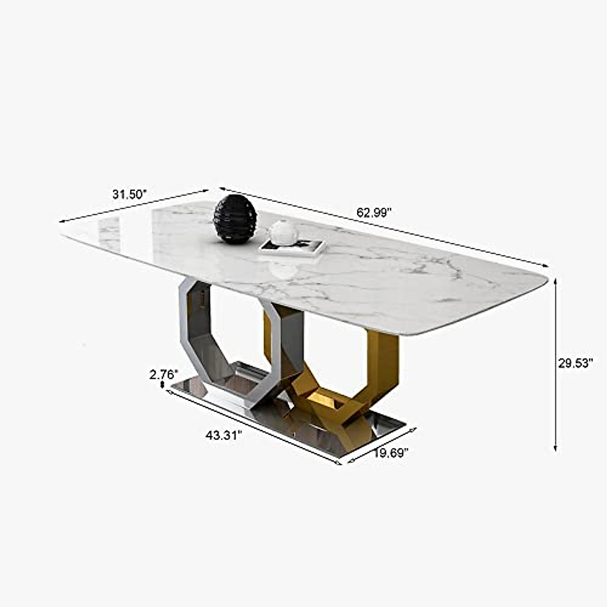 POVISON Modern Faux Marble Dining Table for 6-8, White Rectangular Dining Table Tabletop with Steel Golden Hexagonal-Legs, Kitchen Table for Dining Room Table, 63'' (Table only)
