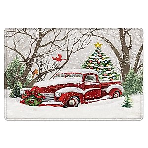 HVEST Christmas Memory Foam Bath Mat, Red Vintage Truck Carrying Christmas Tree Non Slip Bath Rug Kitchen Mat Door Mat Washable Absorbent Bathroom Décor Rug, 16 X 24 Inches