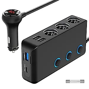 Car Charger Splitter 200W, Qidoe 3 Socket Cigarette Lighter Adapter with PD20W USB-C & QC3.0 Multi USB Car Charger 12V/24V DC Outlet Cigarette Splitter Power Switches Voltmeter for GPS Dash Cam Phone
