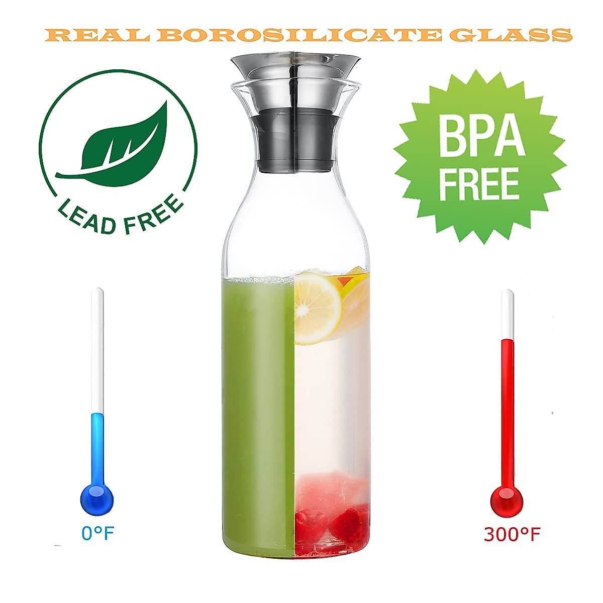 Karafu Glass Carafe with Lid, 50 Ounces Borosilicate Drip-free Glass Pitcher for Hot/Cold Water, Ice Tea and Juice Beverage