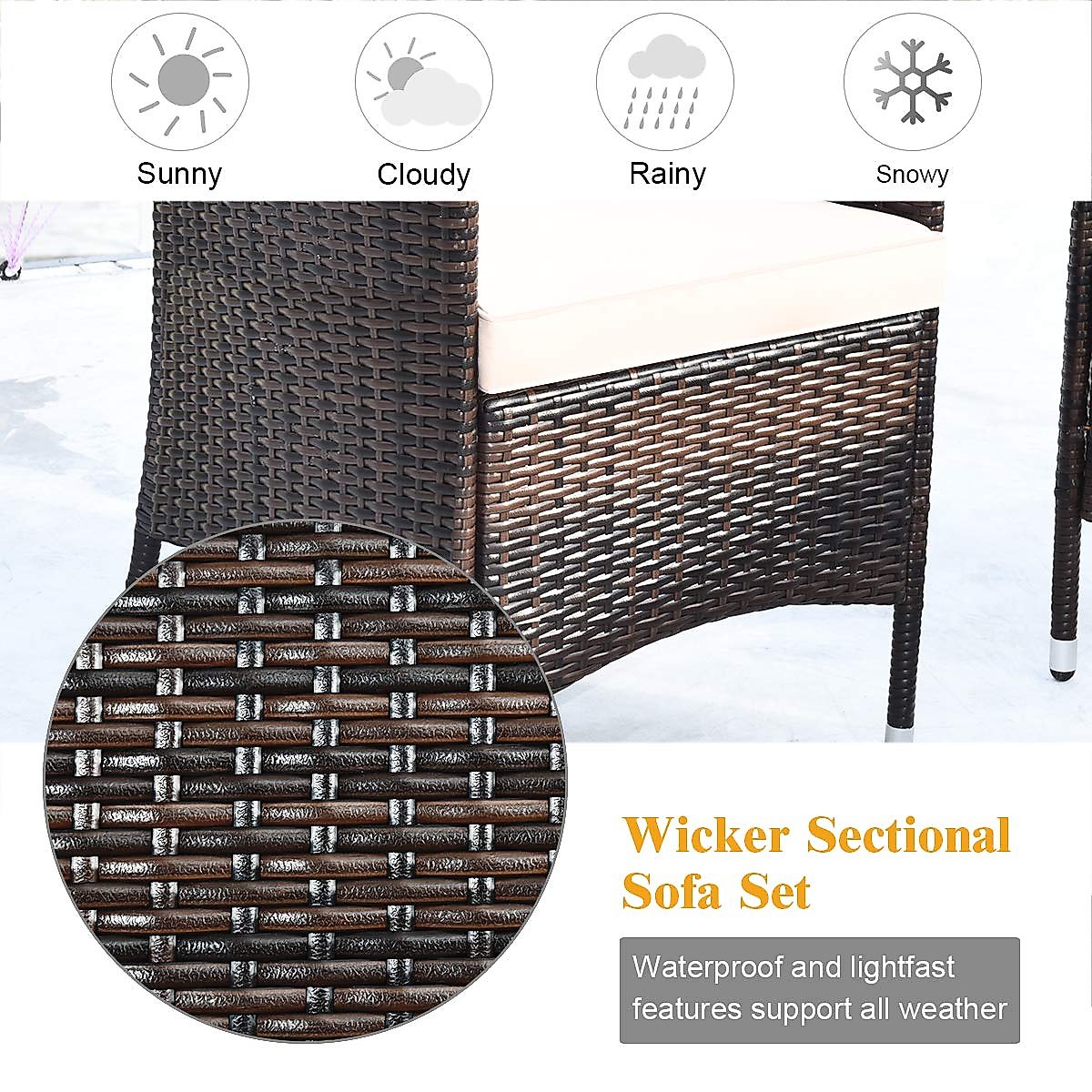 Toolsempire 4 Pieces Patio Sofa Set, Wicker Conversation Set with Ergonomic Curved Backrest, Patio Rattan Furniture Set with Water-Resistant Cushion & Tempered Glass Table for Balcony, Porch (Brown)
