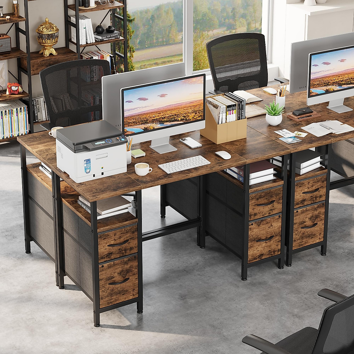 YAOHUOO 47 Inches Computer Desk with 4 Fabric Drawers, Small Office Desk with File Drawers, Writing Desk for Home Office, Work Table for Bedroom, Rustic Brown