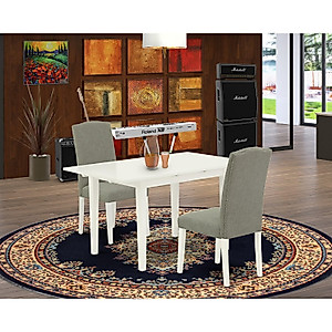 HomeStock French Flair 3-Pc Kitchen Dinette Set - 2 Kitchen Chairs with High Back and Upholstered Seat and Butterfly Leaf Modern Rectangle Dining Table and 4 Legs - Linen White Finish