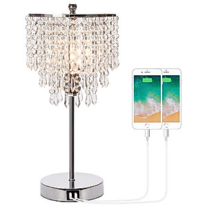 Touch Control Crystal Table Lamp with Dual USB Charging Ports, 3-Way Dimmable Bedside Touch Lamp Decorative Nightstand Lamp with Elegant Lamp Shade for Living Room Bedroom, B11 LED Bulb Included