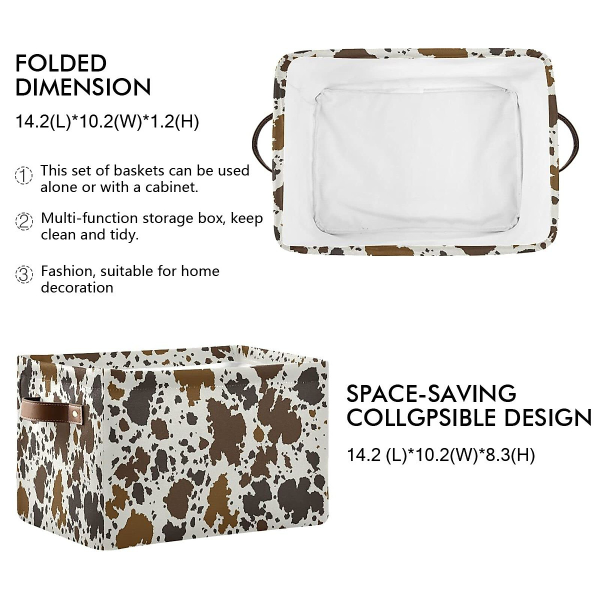 xigua Cow Print Storage Bin Collapsible Canvas Storage Basket Closet Organizer with Handles for Bedroom Nursery Shelves Laundry Room, 1 Pack