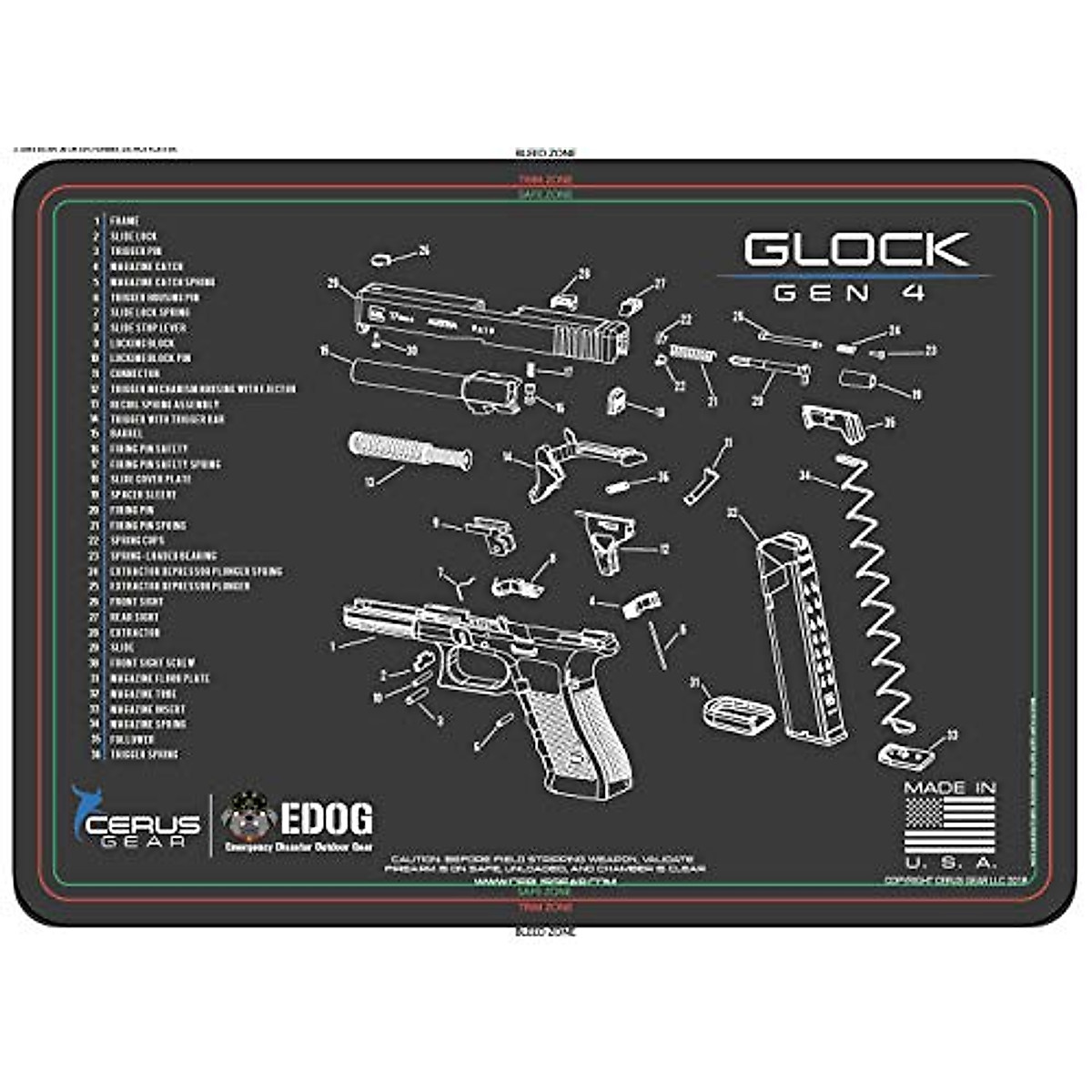 Gen 4 5 PC EDOG Schematic (Exploded View) Heavy Duty Pistol Cleaning 12x17 Padded Gun-Work Surface Protector Mat Solvent & Oil Resistant & 3 PC Cleaning Essentials & Clenzoil