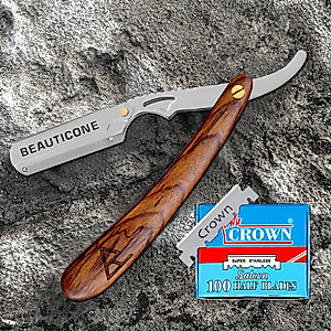BEAUTICONE Straight Razor for Men, Professional Rose Wooden Handle with Polished Blade Barber Razor with 100 Single Edge Blades, Straight Edge Single Blade Razors for Men