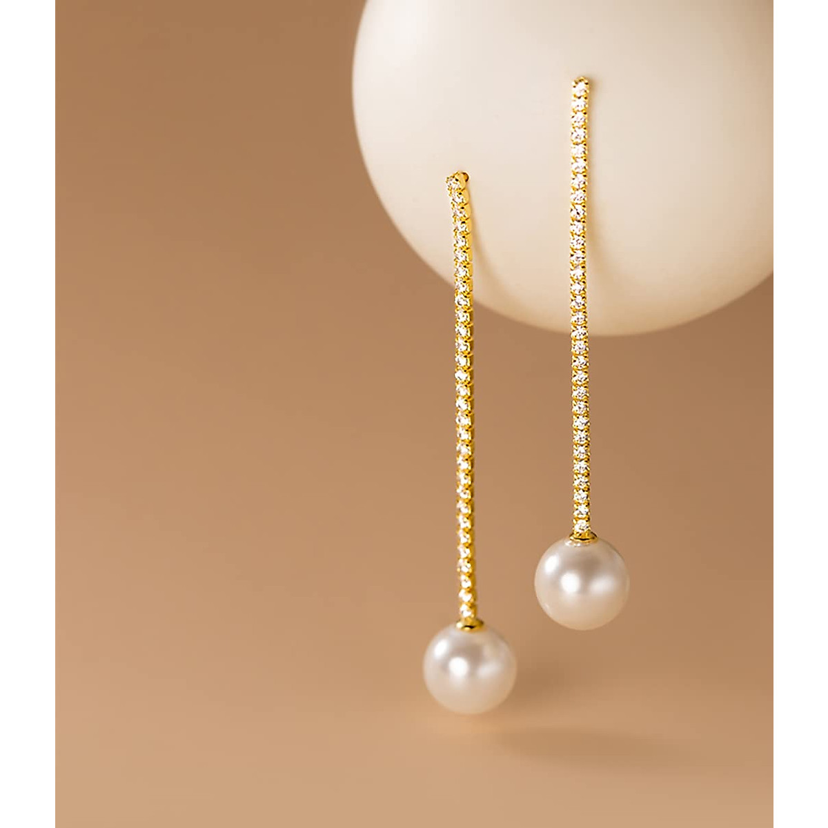 SLUYNZ 925 Sterling Silver Pearl Dangle Earrings Chain for Women Long CZ Dangling Earrings Pearl Drop (B-Gold Plated)