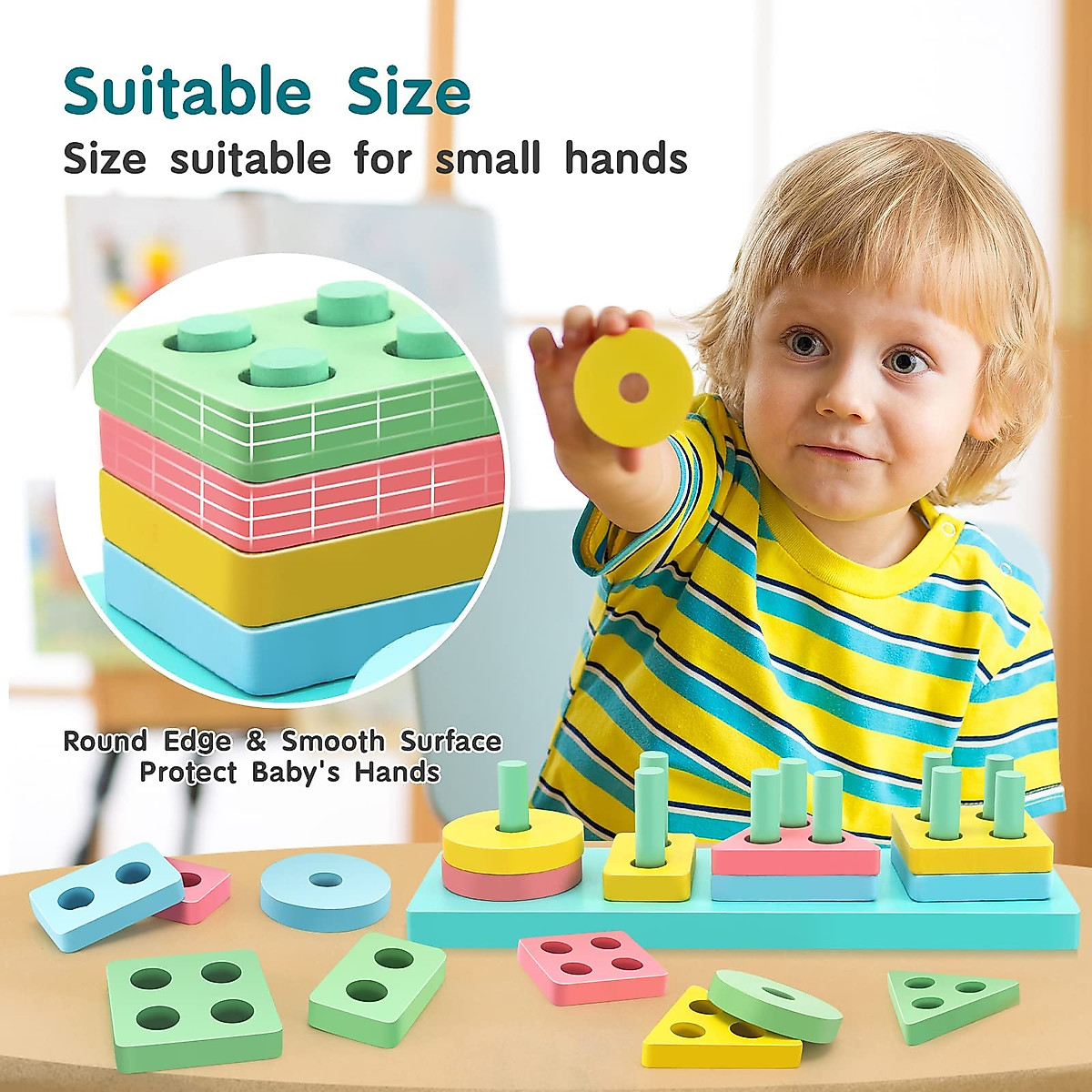 LinseyFun Wooden Stacking Sorting Toys for Toddlers 1-3, Wood Baby Stacking Blocks, Montessori Toys for 1 2 Year Old Boys Girls