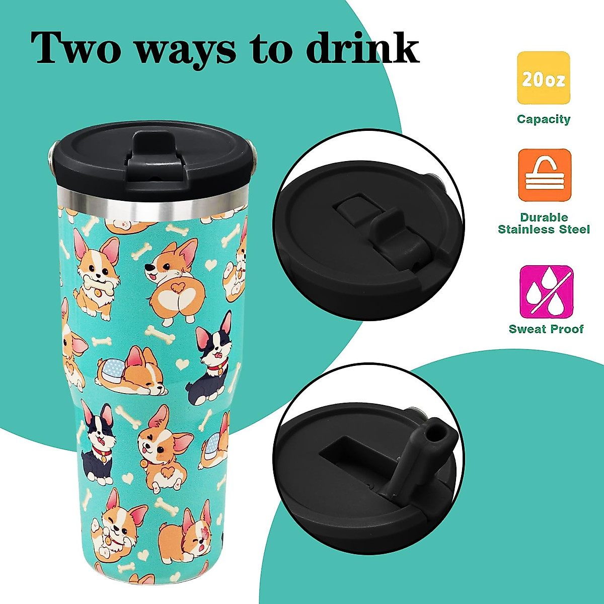 Corgi Gifts Corgi Tumbler with Handle and Straw, Stainless Steel Vacuum Insulated Flip Straw 30 oz Corgi Tumbler, Spill Proof Coffee Travel Mug Corgi Gifts for Corgi Lovers