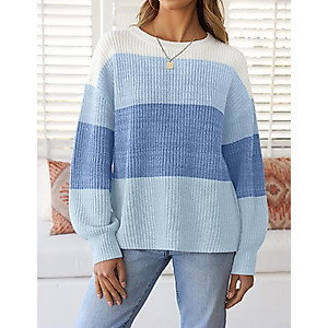 ZESICA Women's Casual Fall Long Sleeve Crew Neck Striped Color Block Loose Fit Soft Knit Oversized Sweaters Pullover Tops,Blue,Large