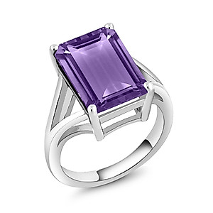 Gem Stone King 925 Sterling Silver Purple Amethyst Solitaire Ring For Women (7.00 Cttw, Emerald Cut 14X10MM, Gemstone Birthstone, Available In Size 5, 6, 7, 8, 9)