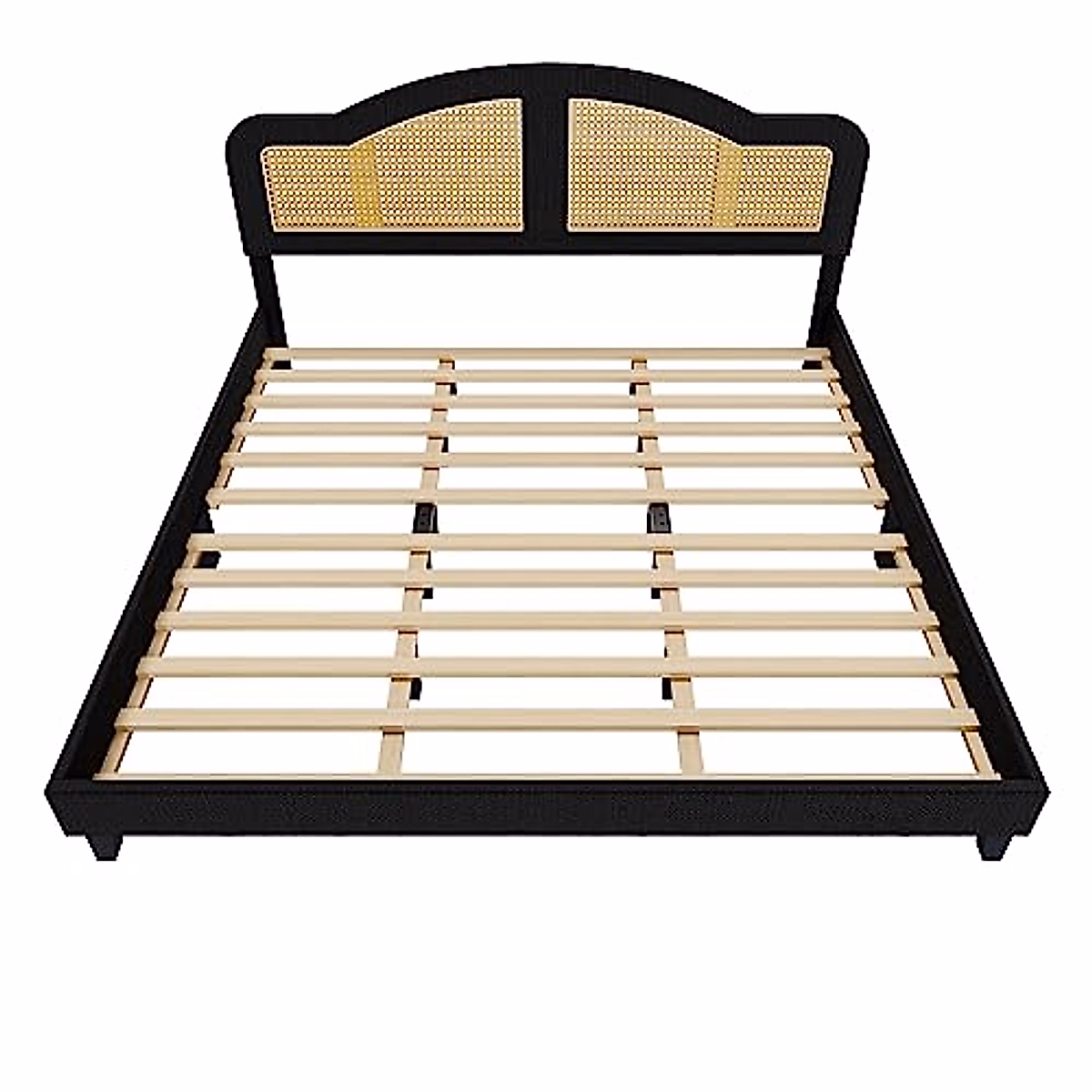 Cozy Castle Wooden King Size Bed Frame with Adjustable Rattan headboard, Boho Platform Bed Frame, No Box Spring Needed, Black