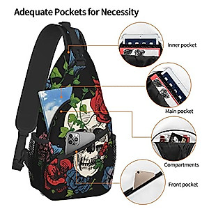 Skull And Rose Flower Sling Bag Crossbody Backpack For Women Men Hiking Travel Over The Shoulder Bag Pouch Small Daypack Casual One Strap Pack Lightweight Cross Chest Bag Purse Outdoor Cycling