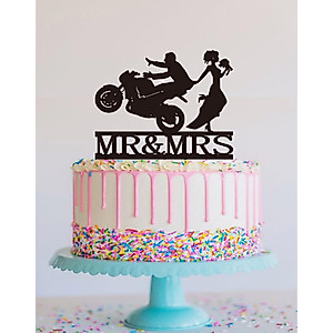 Motorcycle Wedding Cake Topper,Funny Mr & Mrs, Bride and Groom Wedding Party Decoration — Black（2）