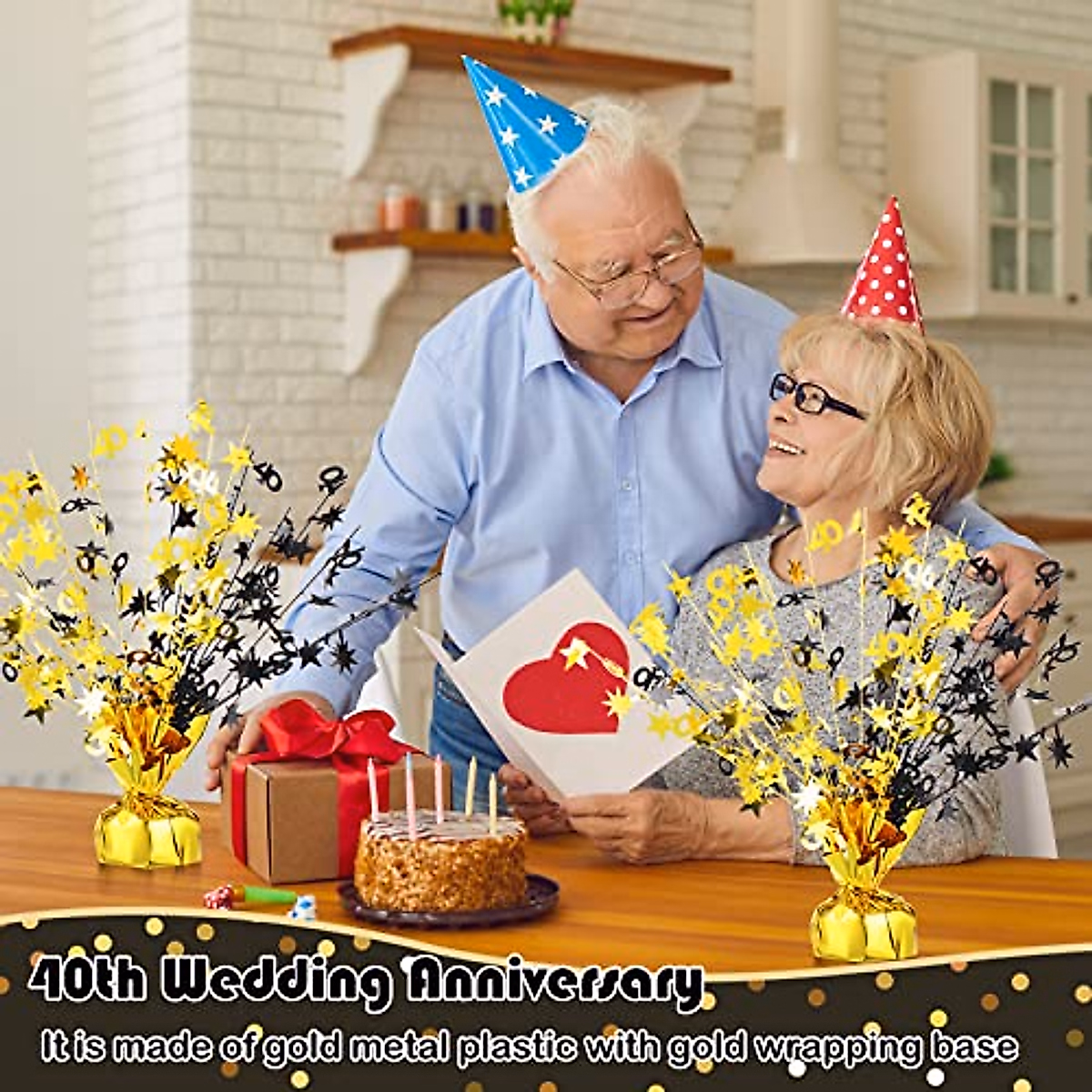 3 Pieces Happy 40th Birthday Centerpieces for Tables 40th Wedding Anniversary Party Supplies Metallic Gold Gleam for 40 Years Old Party Table Decorations, 14 Inches