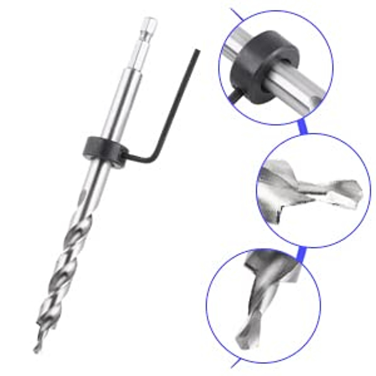 3/8" Twist Step Drill Bit Hex Shank Pocket Hole Drill Bit with Adjustable Depth Stop Collar for Pocket Hole Jig Kit