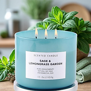 Sage Lemongrass Garden Scented Candle | Refreshing Lemongrass Candle for House Cleansing | Natural 3 Wick Soy Candle 15.8 oz | Aromatherapy Relaxing Candle for Women & Men | Clean Burn Scented Candle