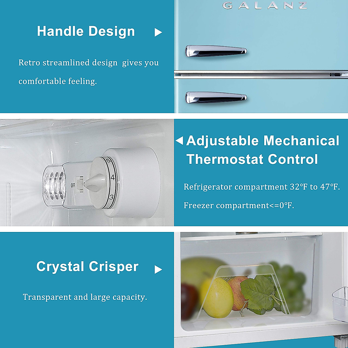 Galanz Retro Compact Refrigerator with Freezer, Mini Fridge with Dual Doors, Adjustable Mechanical Thermostat, 3.1 Cu FT, Blue