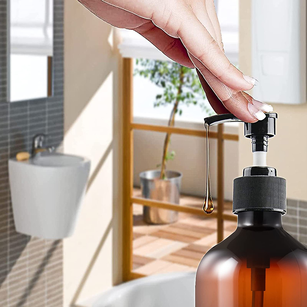 6 Pack Plastic Pump Bottles Dispenser, 16oz/500ml Empty Cylinder Shampoo Soap Dispenser, Refillable Containers with Extra Sprayer Pump Labels for Body Wash, Lotion, Gel(Amber)