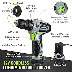 WORKPRO Home Tool Kit with Power Drill, 108PCS Power Home Tool Set with 12V 1.5 Ah Battery Powered Screwdriver and Tool Box, Electric Cordless Drill Set with Keyless Chuck and Variable Speed Trigger