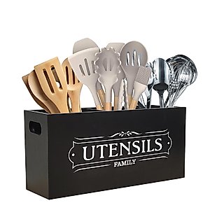 Kitchen Utensil Holder for Countertop-Cooking Utensil Holder, Utensil Holder for Party, Farmhouse Kitchen Decor, Wooden Large Utensil Holder, Utensil Organizer for Countertop (Black)