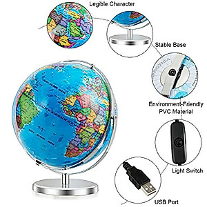 Goplus Desktop World Globe, Educational Geographic World Globe with LED Lights for Students Adults, 720° Rotation Decorative Globe, Easy to Read Labels Over 4000 Locations for Classroom, Office