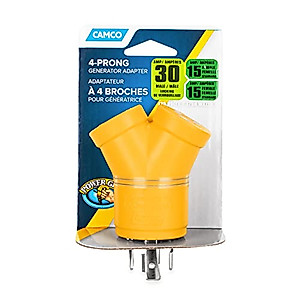 Camco 55438 PowerGrip (30M/2 x 15F) 4-Prong Generator Adapter, Yellow