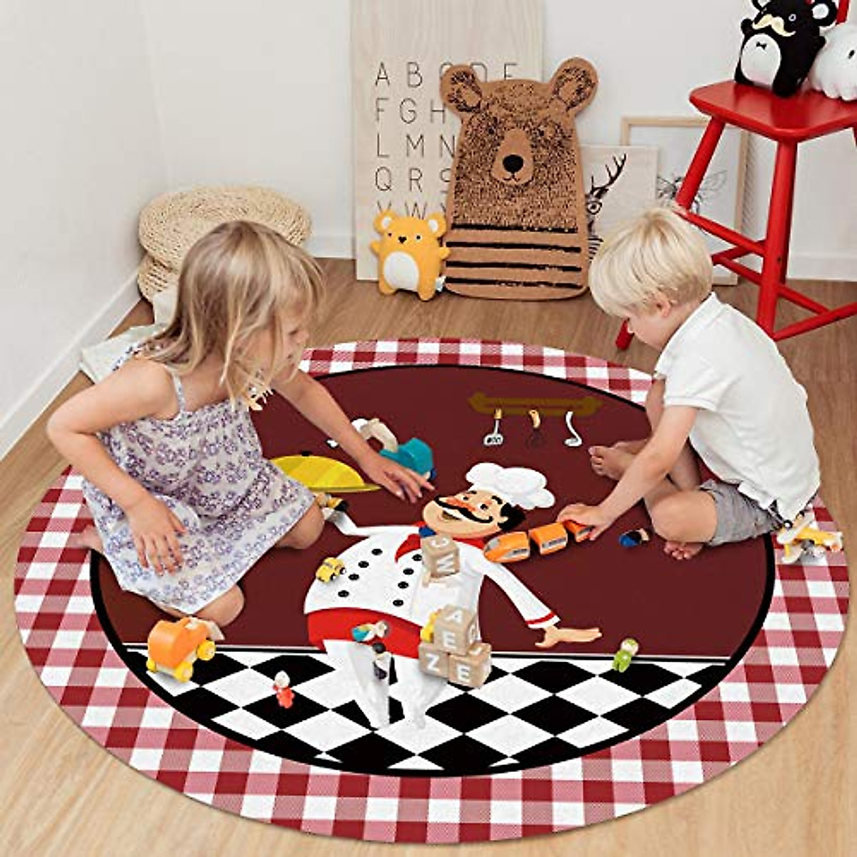 Singingin Round Area Rugs for Kids Room Kitchen Chef Gourmet Knife Fork Check Throw Rug Non-Slip Soft Floor Carpet Mat for Nursery, Living Room, Bedroom, Modern Home Decor 3 Feet Diameter