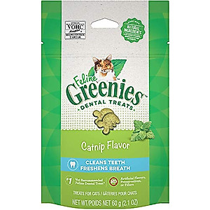 Greenies (4 Pack) Feline Dental Cat Treat Variety Bundle 4 Flavors - 2.1oz Each Bag, (1) Tempting Tuna, (1) Savory Salmon, (1) Oven Roasted Chicken, and (1) Catnip Flavor 10ct Pet Wipes